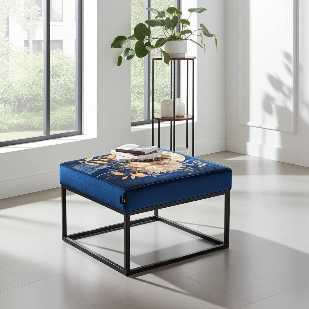 Navy Blue Floral Square Ottoman 60x60cm - Black Metal Frame in Dublin ...